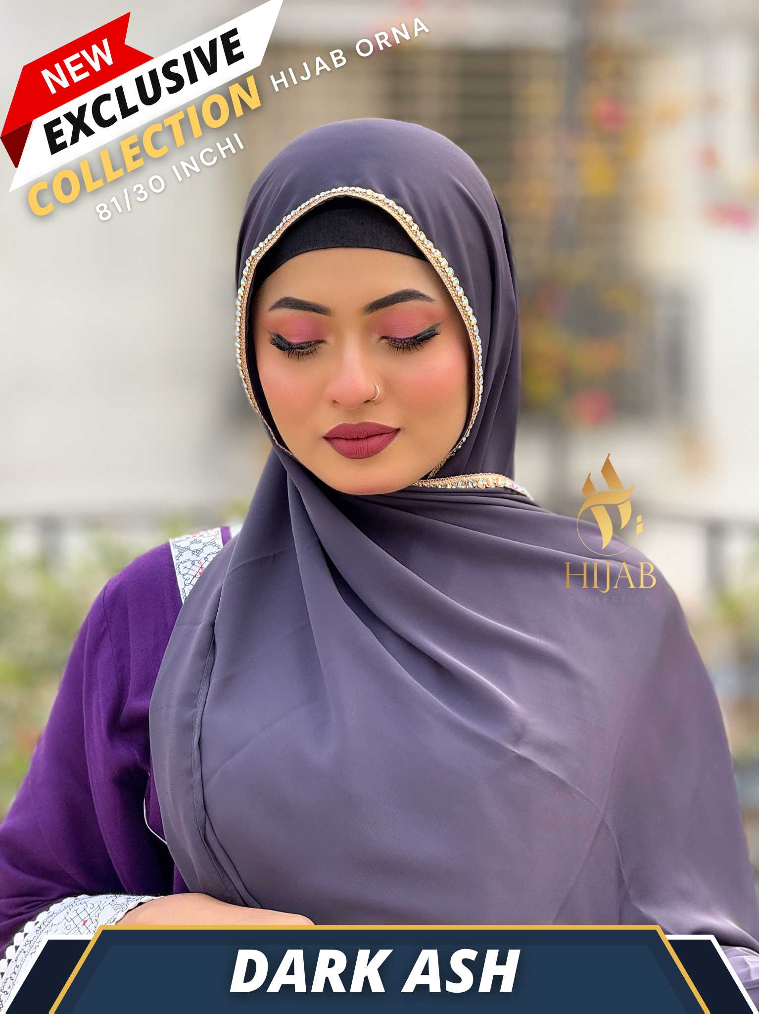 দুবাই চেরি জর্জেট লেস হিজাব ওড়না -D1LCGH- Dark Ash Color